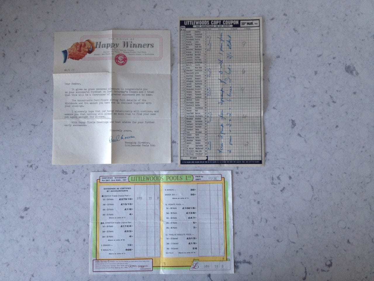 Lucky Winning Littlewoods Football Pools Ticket (23 March 1957) | FINN ...