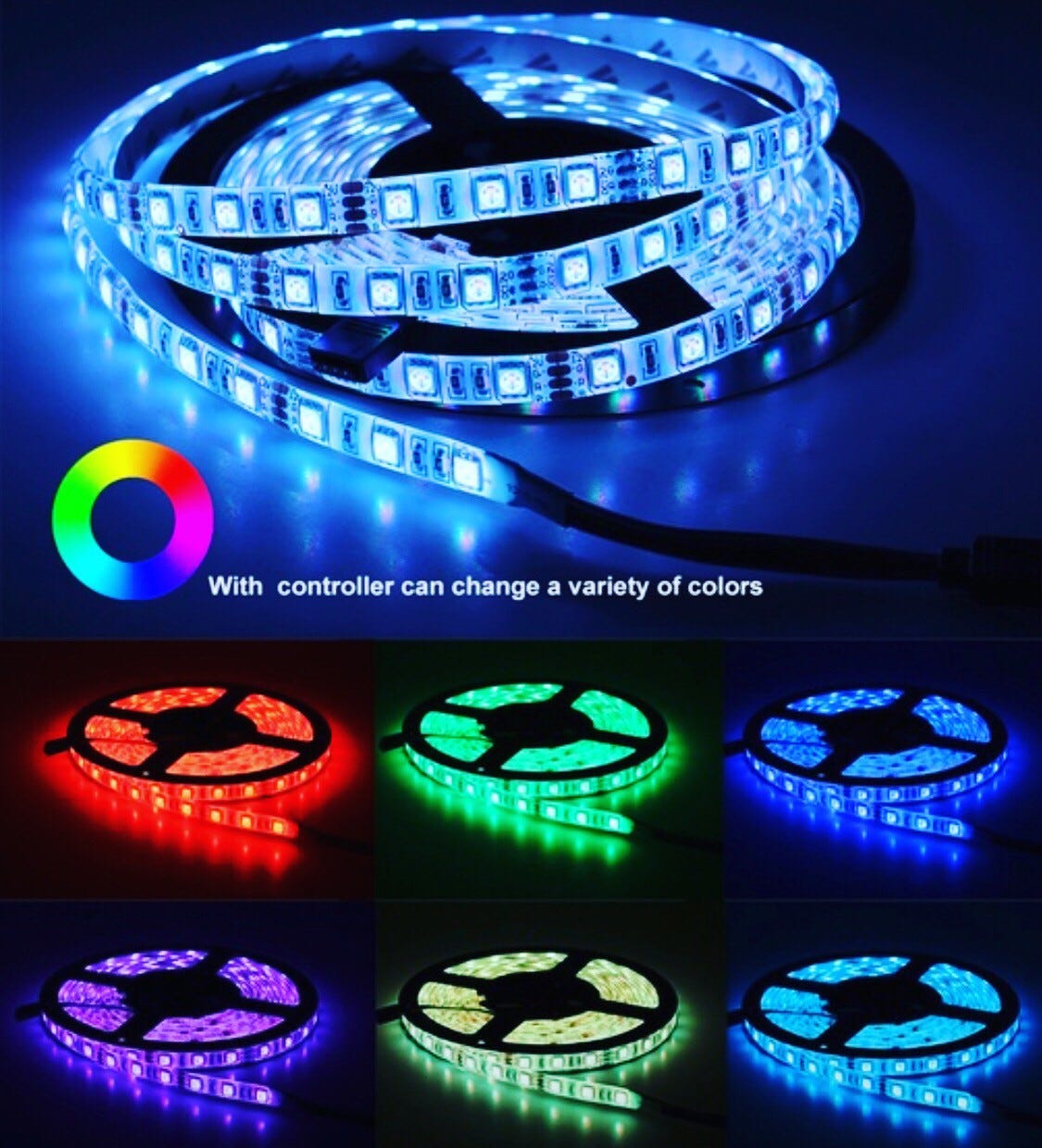 5 - 10 meter RGB LED strip light lyslenke m fjernkontroll, Switch og ...