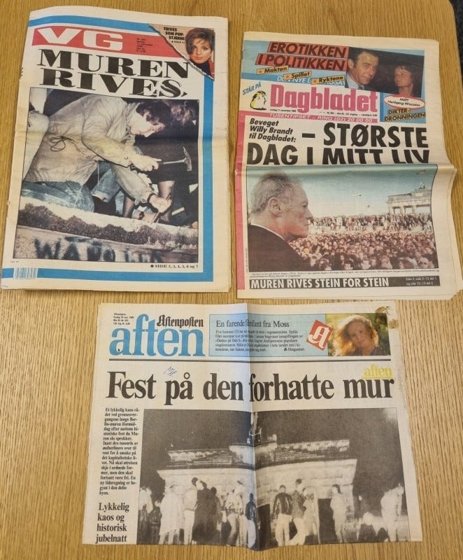 Berlinmurens fall, VG og Dagbladet fra 11.11.89, samt Aftenposten ...