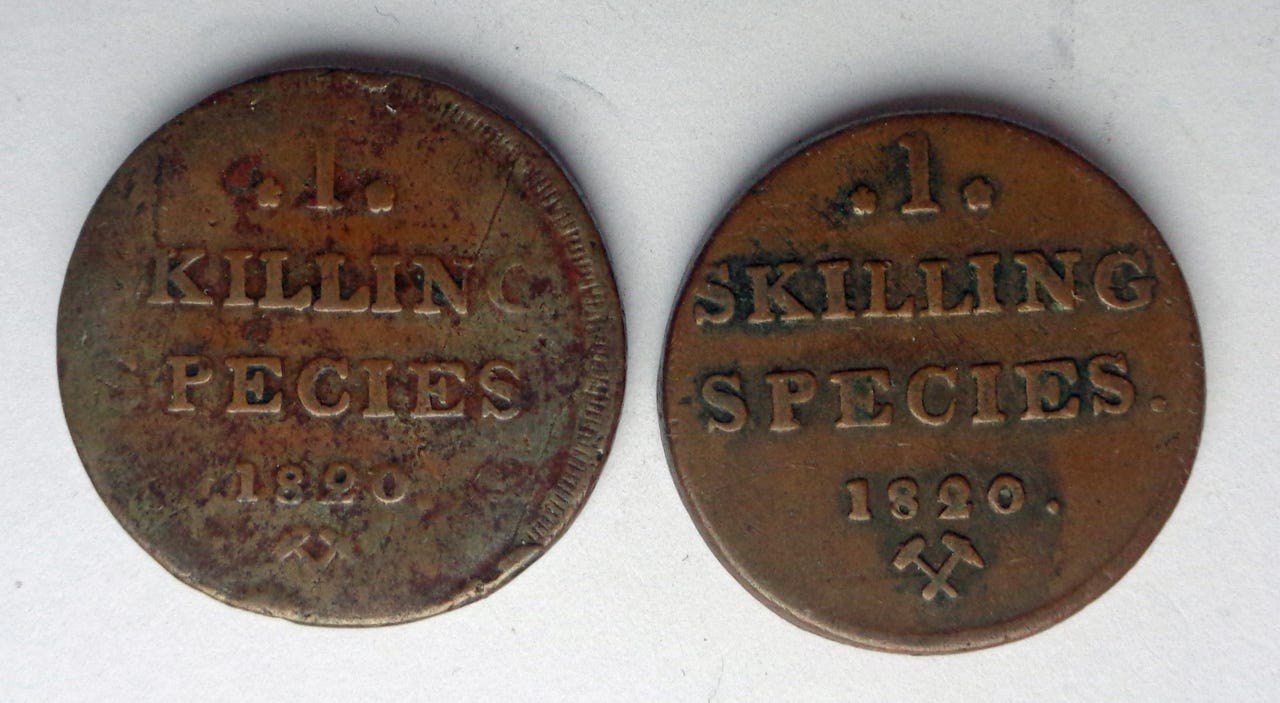1 skilling 1820 2 forskjellige - stor(overpreget) og vanlig blankett ...