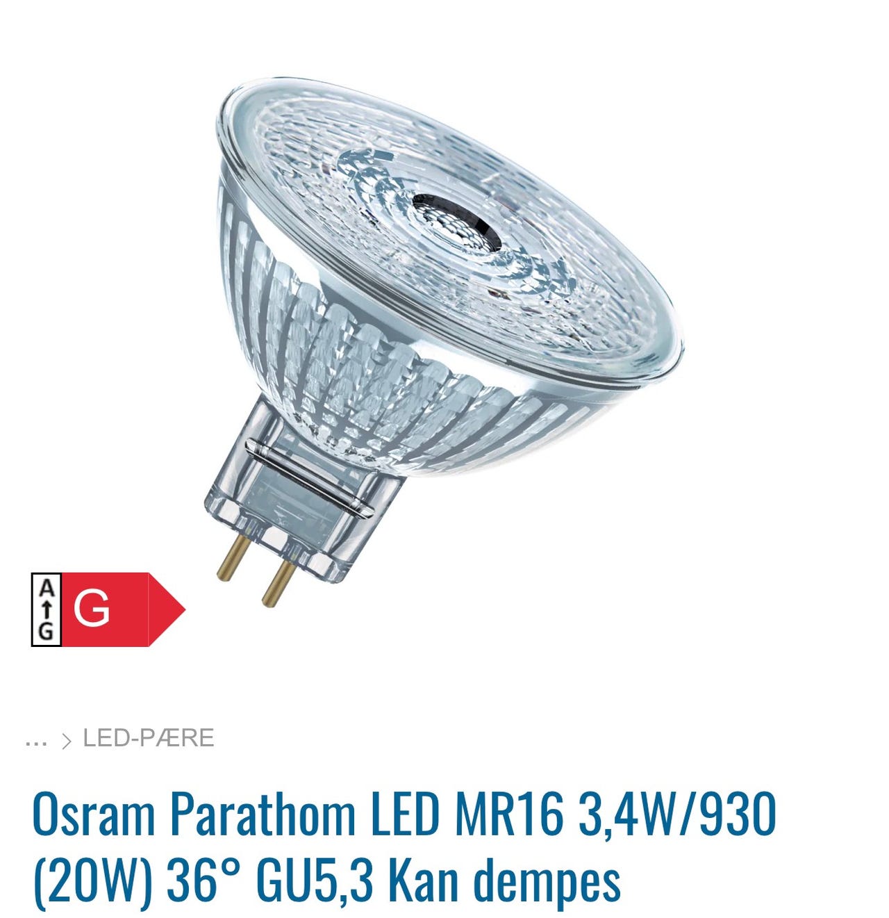 Lyspærer 10 stk Osram Parathom LED MR16 3,4W (20W) 36° GU5,3 Kan dimmes | FINN torget