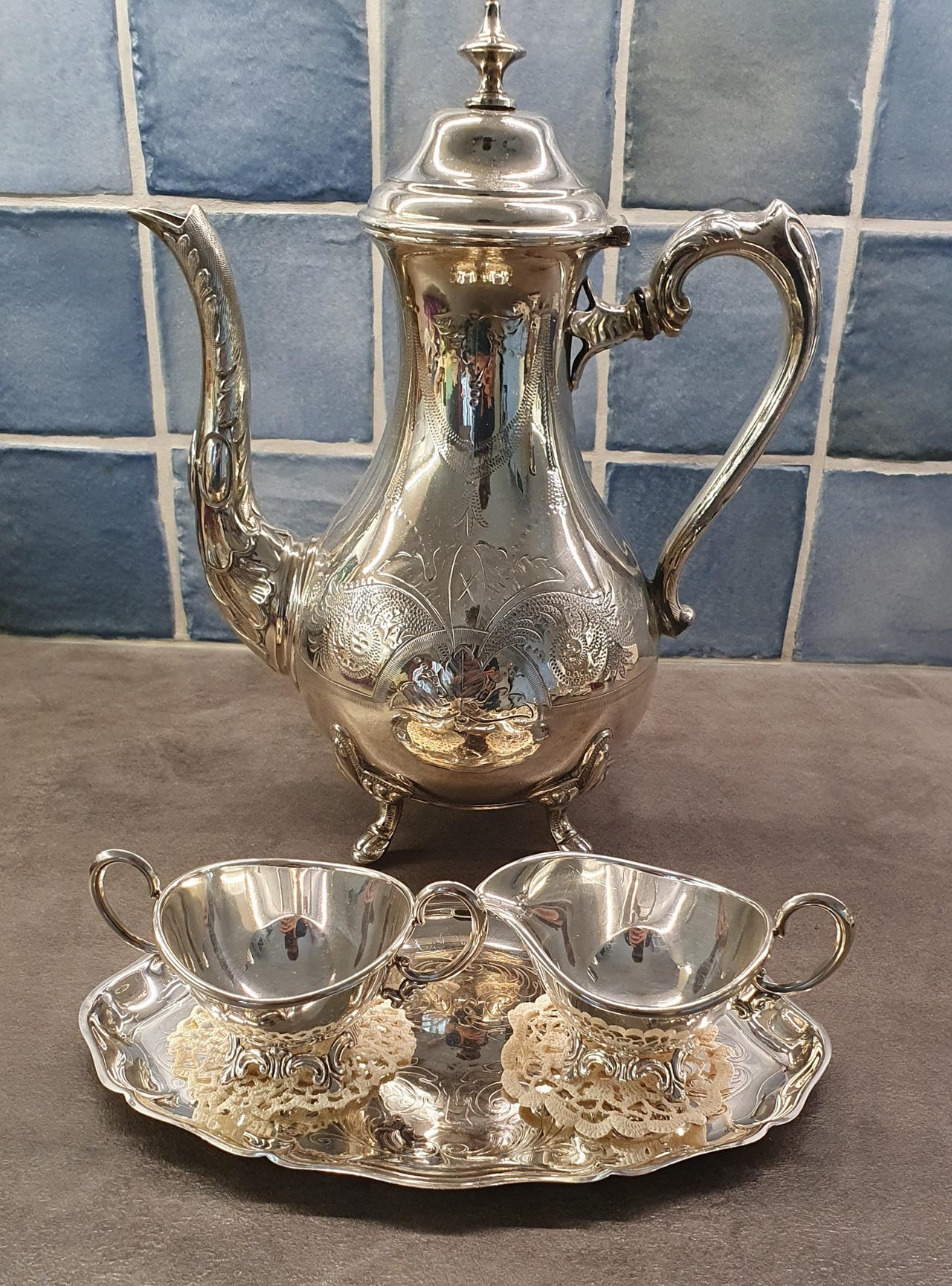 Sølv plett kanne, fløtemugge og sukkerskål. | FINN torget