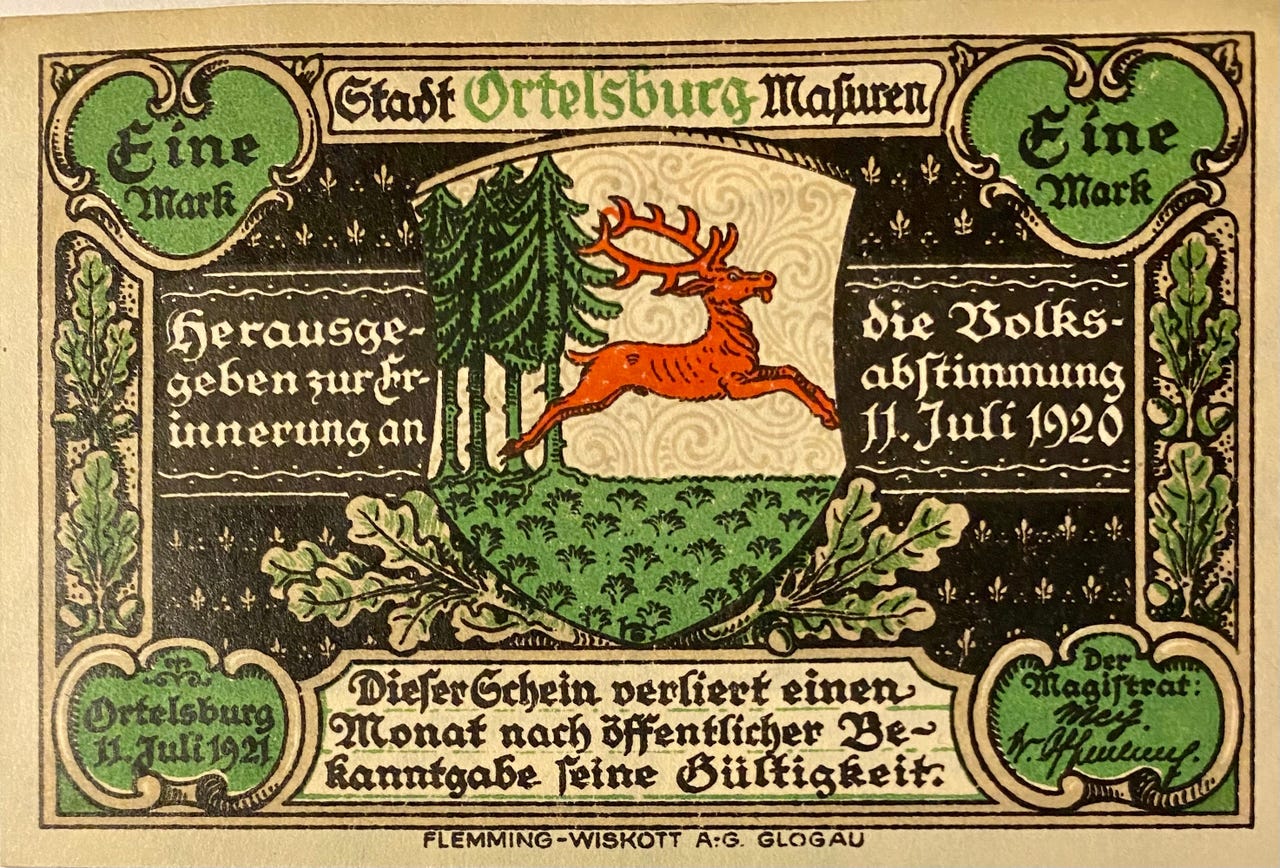 TYSKLAND. ORTELSBURG. NOTGELD. 1921. 1 MARK UNC | FINN.no