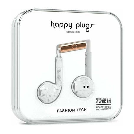 Happy Plugs øreplugger/earbud, white marble | FINN-torget