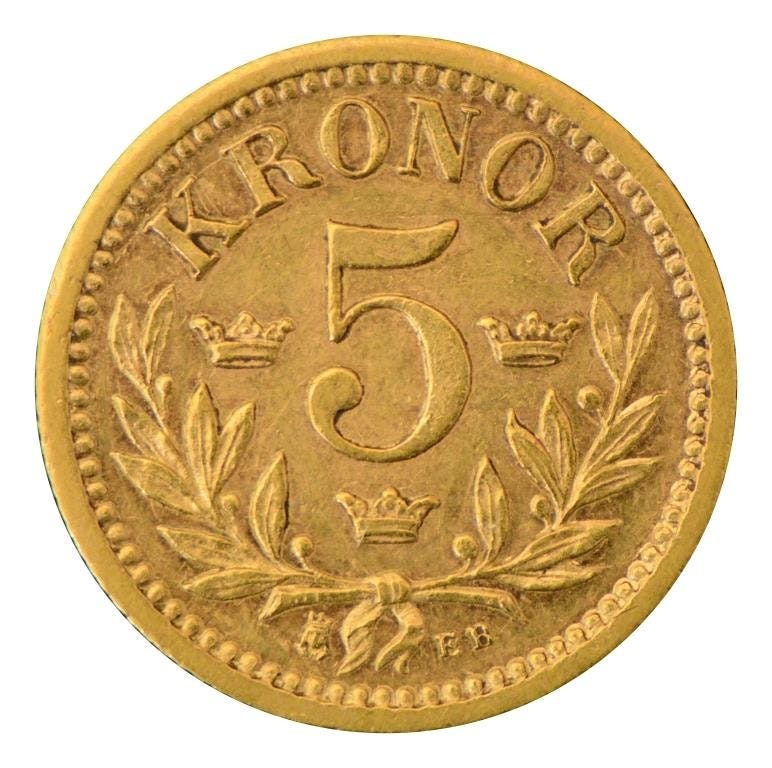 1886 Sverige 5 Kronor 2,02 gram Gull Kv 1+ M/Kapsel & Garantibevis ...