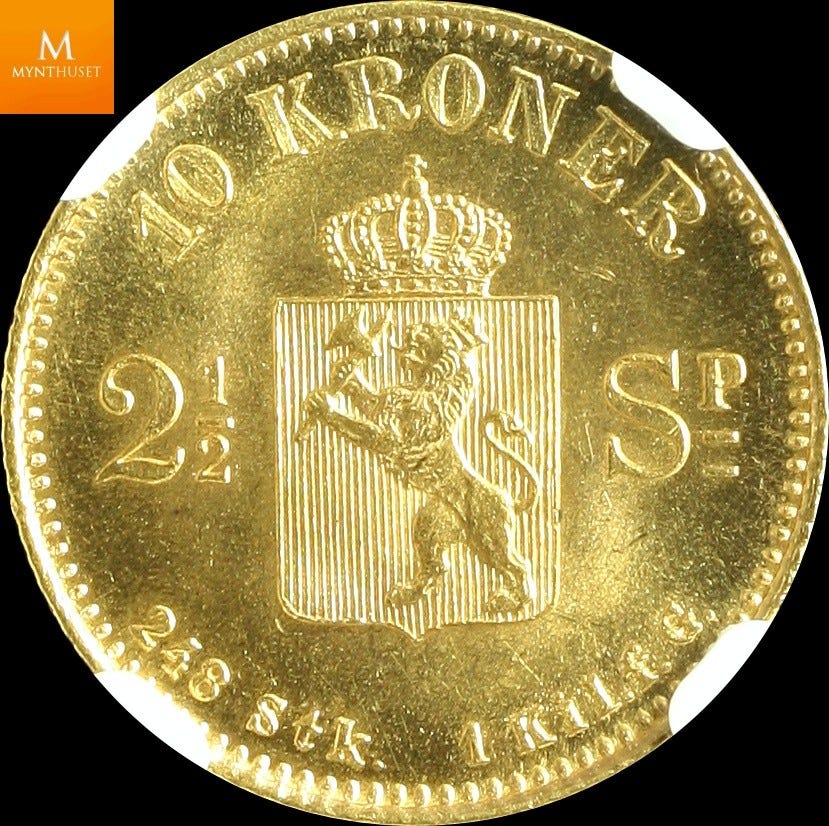 10 kroner 2,5 SP kvalitet 0, NGC MS66. RÅ mynt. | FINN torget