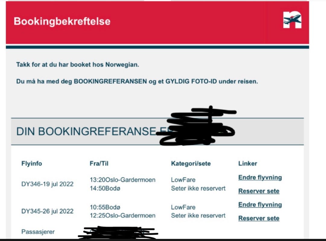 Flybillett 1 stk med norwegian Oslo / Bodø 19-26/7 | FINN torget