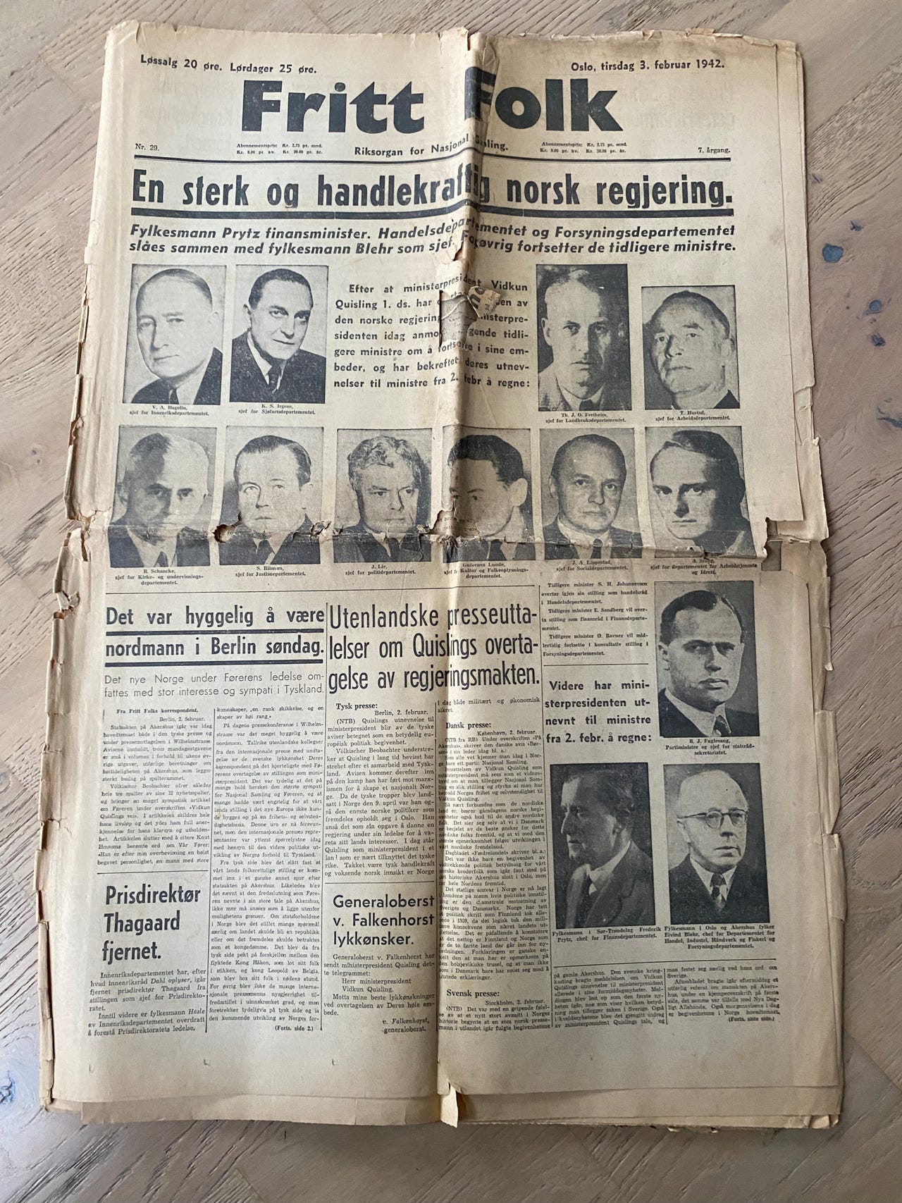 Fritt Folk tirs 3. febr 1942: Alt om Quislings nye ministre | FINN torget