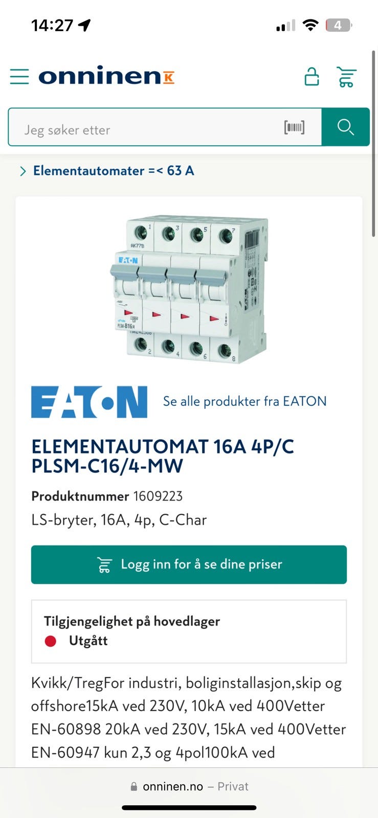 ELEMENTAUTOMAT 16A 4P/C PLSM-C16/4-MW | FINN torget