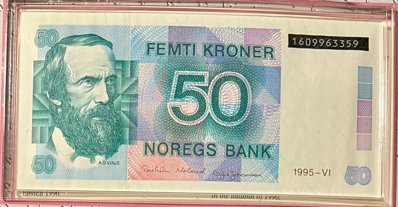 NORGE. 50KRONER 1996 SVART OVERTRYKK MED NYTT HVITT NUMMER. 16.09.96 Kv ...
