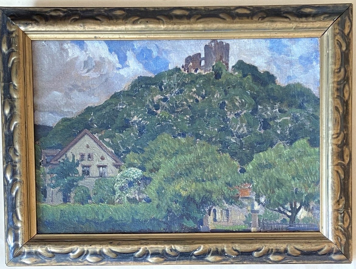Eldre fint oljemaleri med hus og mye vegetasjon. Utydelig signert. | FINN torget