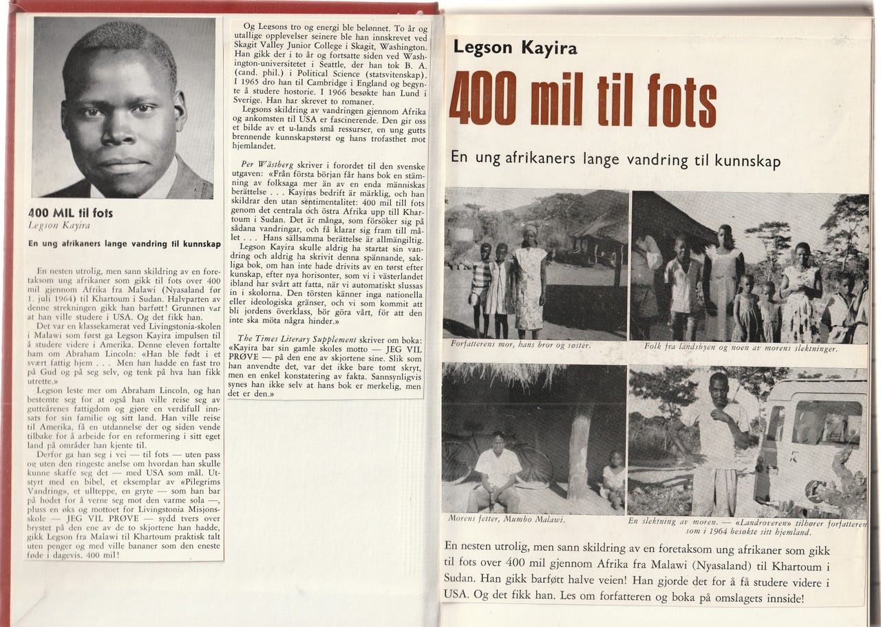 Legson Kayira 400 mil til fots Lunde forlag 1969 Innb. | FINN-torget