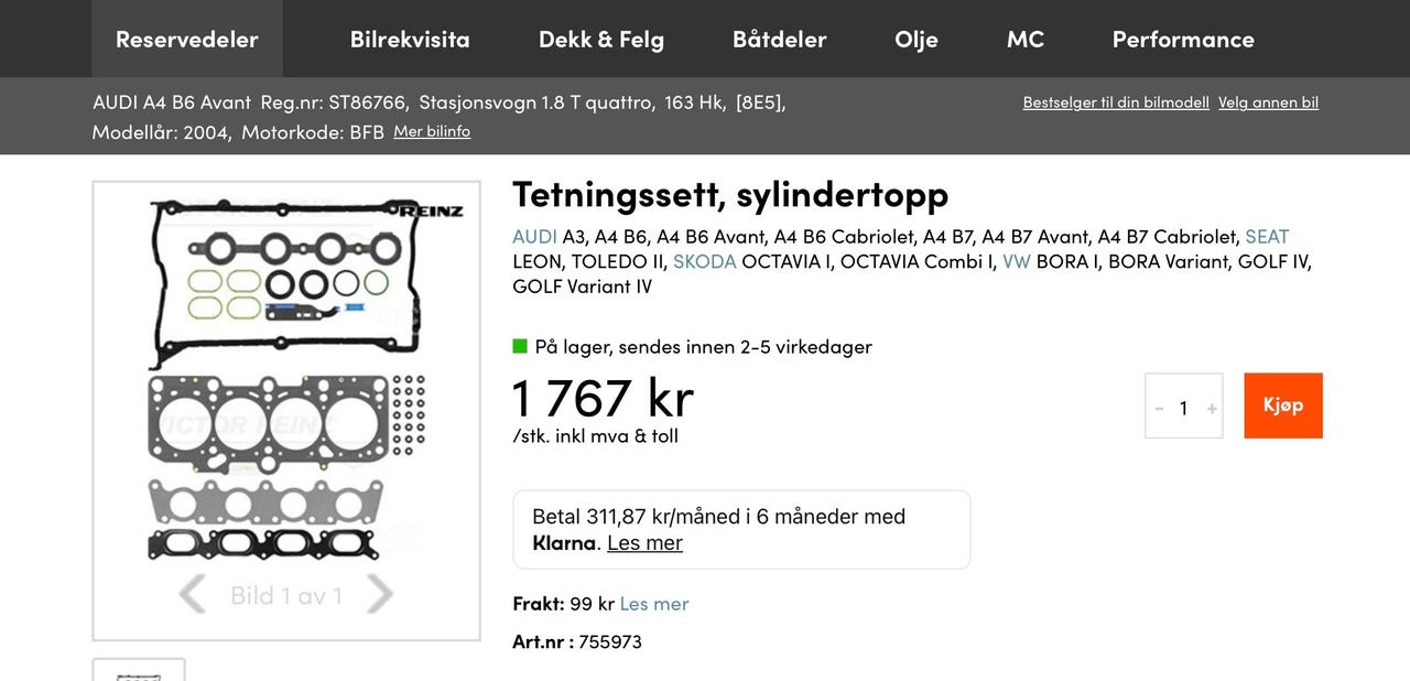 Nytt toppakningsett med bolter og reg reim til VW / Audi 1.8 t | FINN ...