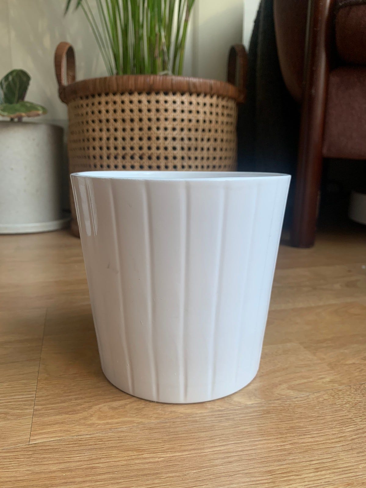 Hvit liten plantepotte i hvit keramikk, med vertikalt stripemønster ...