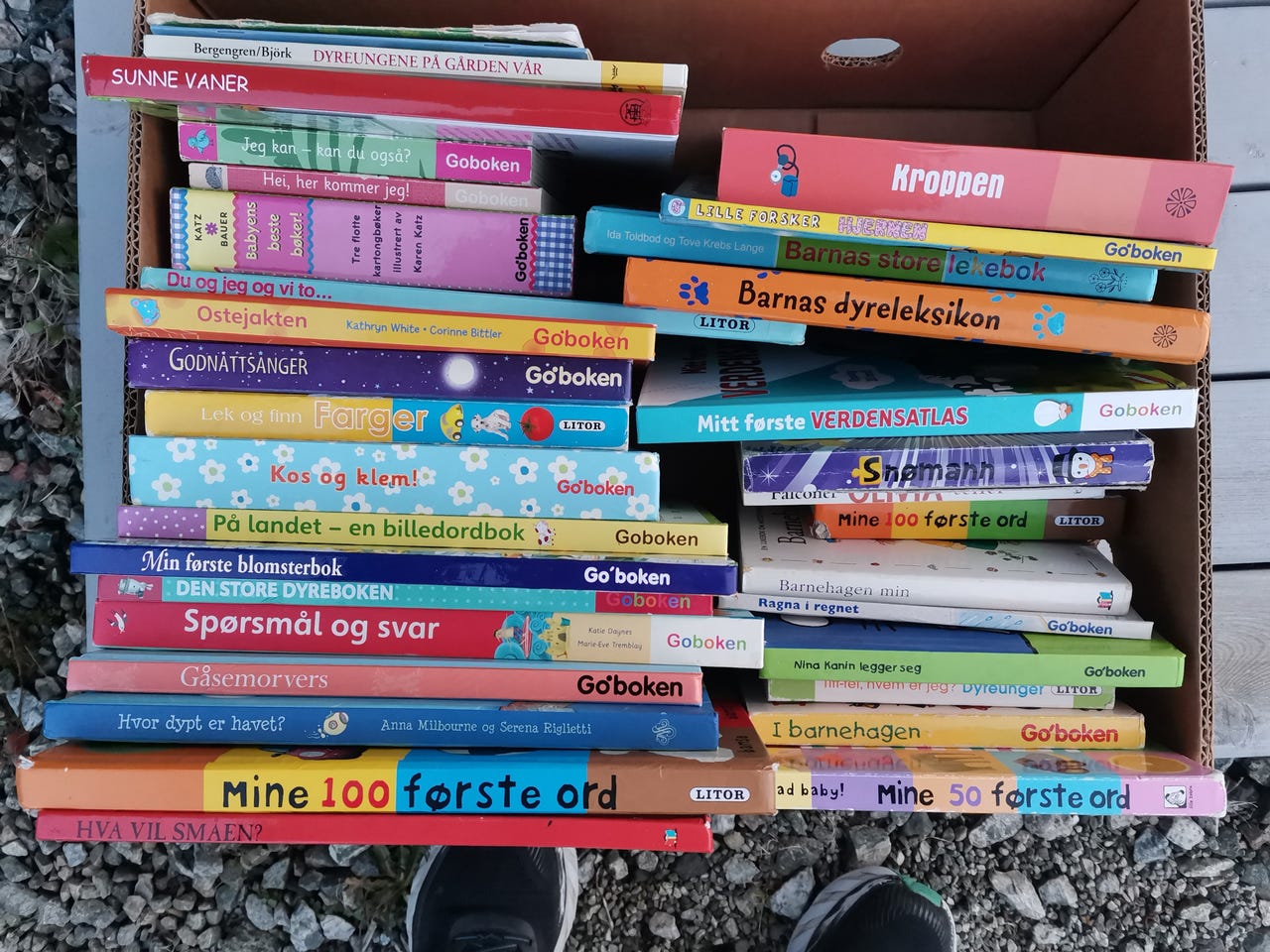 En kasse med barnebøker. De fleste fra Go boken. | FINN torget