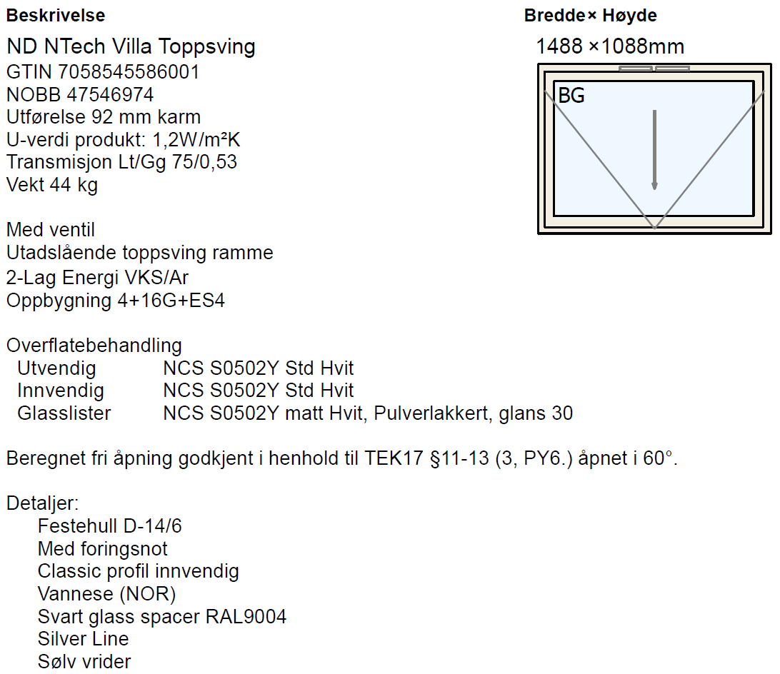 NorDan Toppsving bredde 1488mm × høyde 1088mm 2-lags glass med ventil ...