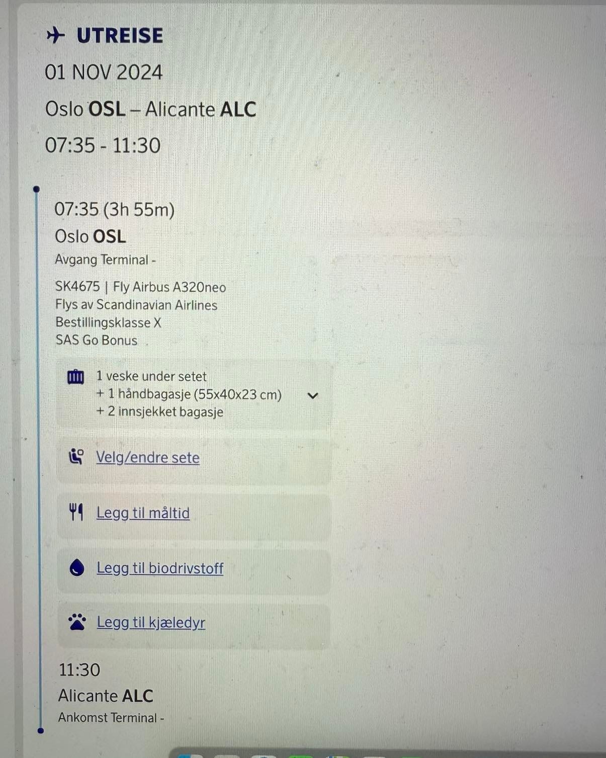 Flybillett OSL-ALC 01.11.24 | FINN torget