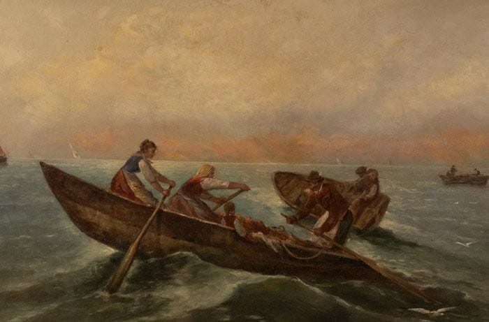 Italian school (XIX-XX), signed F. Boscari - Fishermen in sailboats | FINN-torget