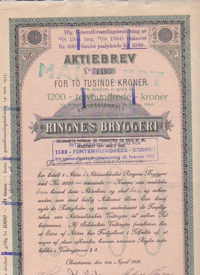 RINGNES BRYGGERI AKSJEBREV FRA 1918 | FINN-torget