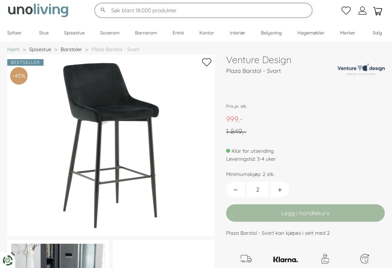 2 stk Plaza Barstoler Sort fra Venture Designe | FINN-torget