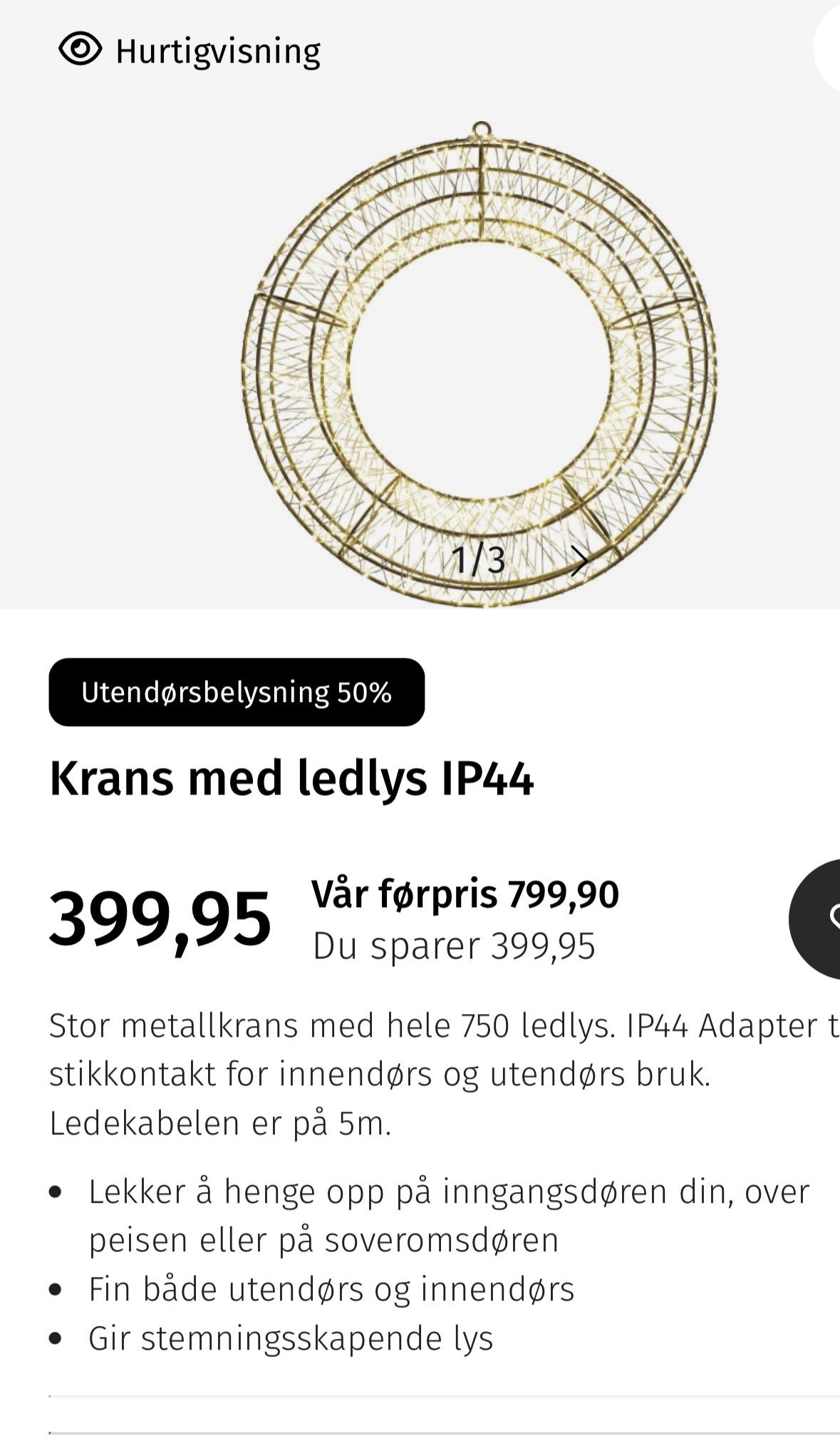 Krans med 720 LED-lys - Ø 38 cm | FINN-torget