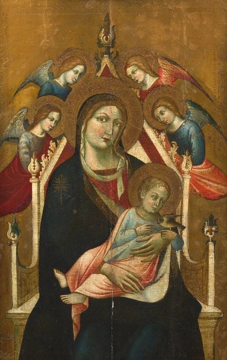 Simone Martini (1284-1344) - Manner of - Madonna and Child on a throne surrounde | FINN-torget