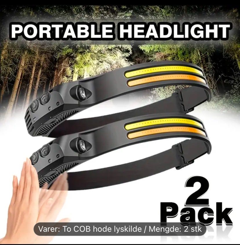 2 stk LED Oppladbar Hodelykt med COB Flomlys | FINN-torget