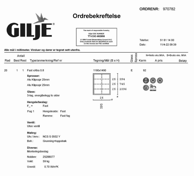 Nytt Gilje vindu 1190x1490, fast 3lags eXtra med alu sprosser | FINN-torget