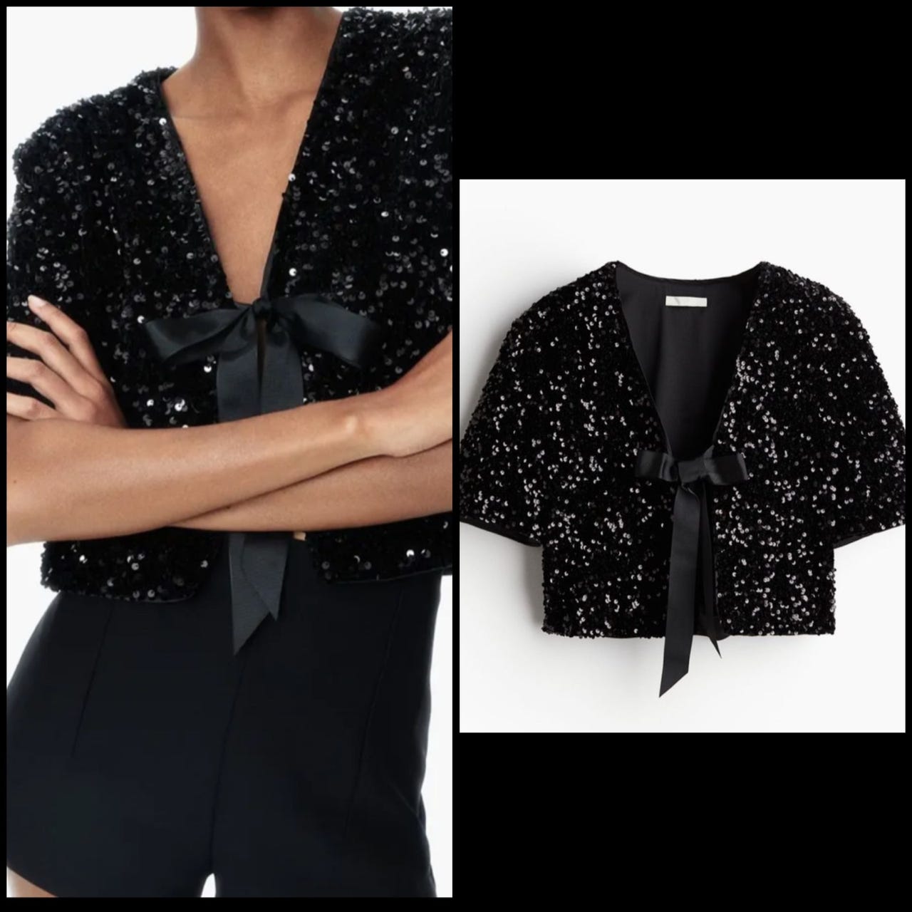 H&M . Paljett topp sløyfe . sort, sølv . glitter . fest, nyår . Strl XS ...