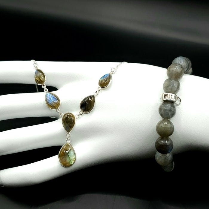 Sølv, 925 Sterlingsølv og naturlige labradorittedelstener - Sett med 2 ...