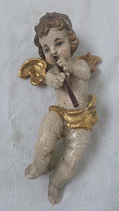 Utskjæring, Holzfigur - Engel mit Flöte - 20 cm - Tre - 1980 | FINN-torget