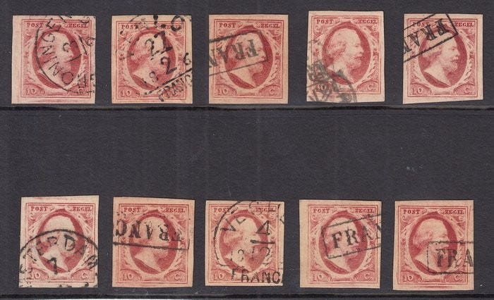 Nederland 1852 - Utvalg av posisjonerte stempler fra plate VI - NVPH 2 ...