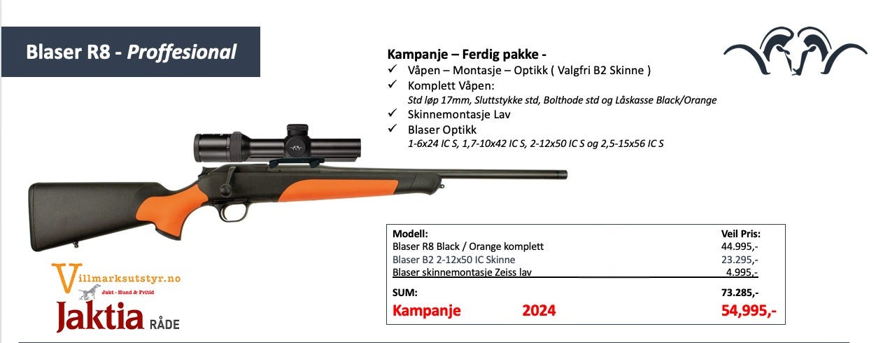 Pakketilbud - Blaser R8 sort/orange - std kaliber 58cm - Montasje - B2 ...