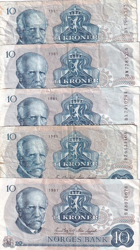 Lot 10 kr sedler, 5 stk selges samlet. Se bilder | FINN-torget