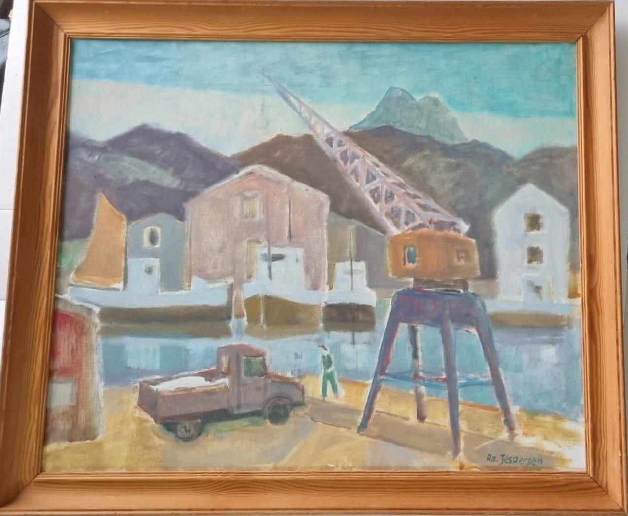 Oljemaleri signert Aage Jespersen. "Bryggeliv" | FINN torget