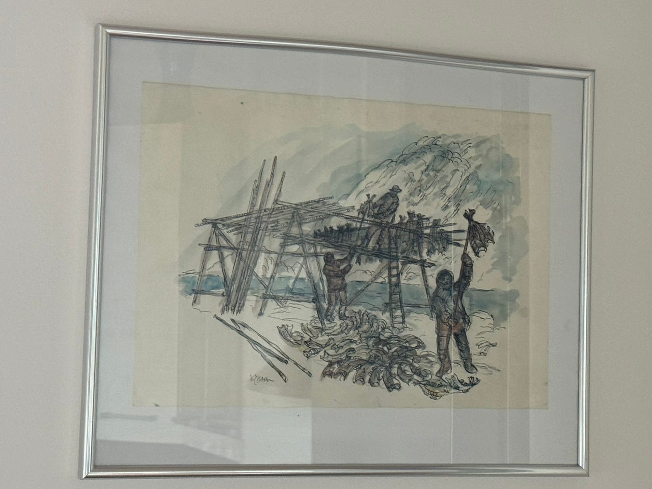 Karl Erik Harr, tegning av lofotfiske. 1975 | FINN-torget