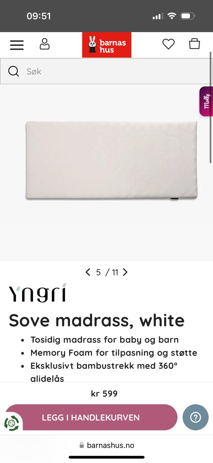 Yngri bedside crib madrass | FINN-torget