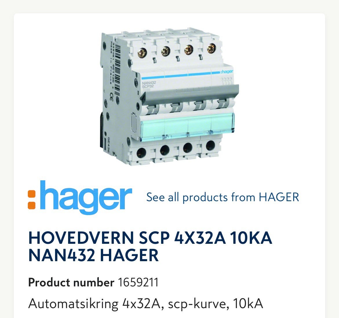 Hager 32A OV hovedsikring for 400V | FINN-torget