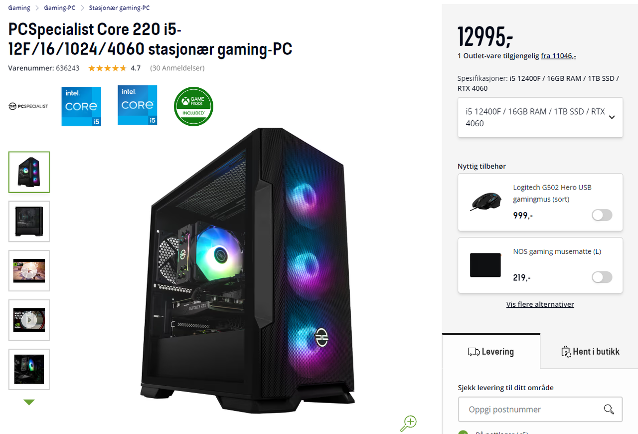 PCSpecialist Core 220 i5-12F/16/1024/4060 stasjonær gaming-PC | FINN-torget