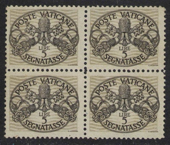 Vatikanstaten 1946 - Skattepoststempel 5 med brede linjer og hvitt ...