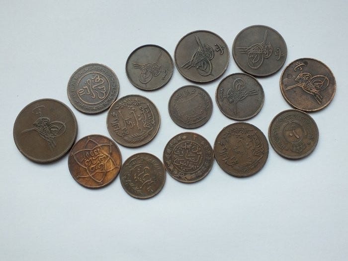 Det osmanske rike, Jordan, Tunisia. Lot of 14 Bronze Coins Including 20 ...