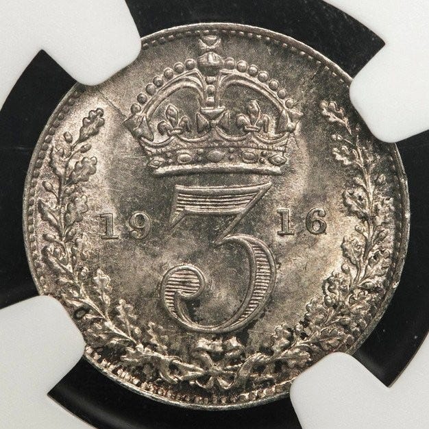 Kongeriket Storbritannia. George V. 3 Pence 1916 - NGC MS64 | FINN-torget