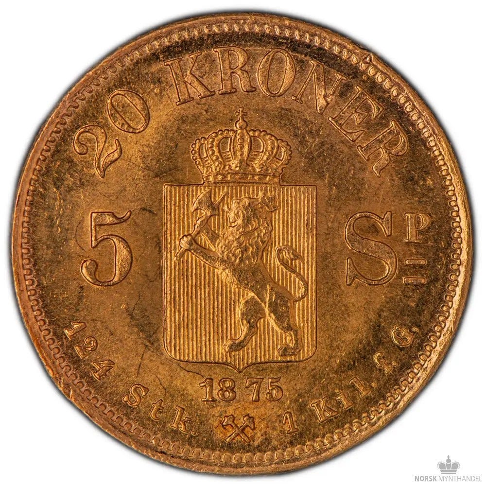 1875 Norge 20 Kroner/5 Sp. 8,06 Gram Gull Kv 01 Kantakk + Hakk M/Saflip & Garant | FINN-torget