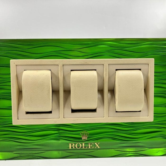 Rolex - display stand for 3 Watches, green plastic and leather, metal ...