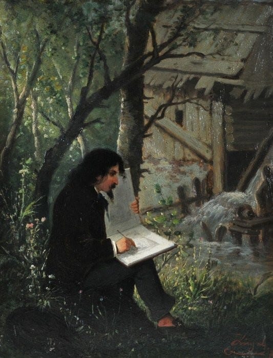 Josef Kinzel (1852-1925) - Young painter at the riverbank | FINN-torget