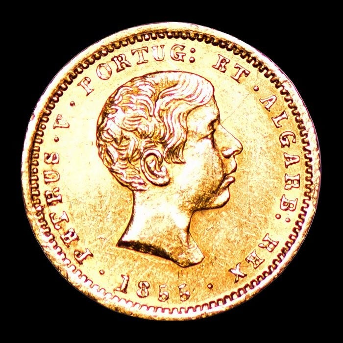 Portugal. D. Pedro V (1853-1861). 1000 Reis 1855 | FINN-torget