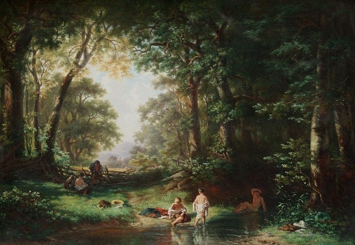 Carl Ebert (1821-1885) - Forest landscape with bathing children | FINN ...