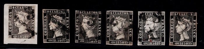Spania 1850 - Isabel II. 6 svarte kvartaler. Parti med 6 frimerker ...
