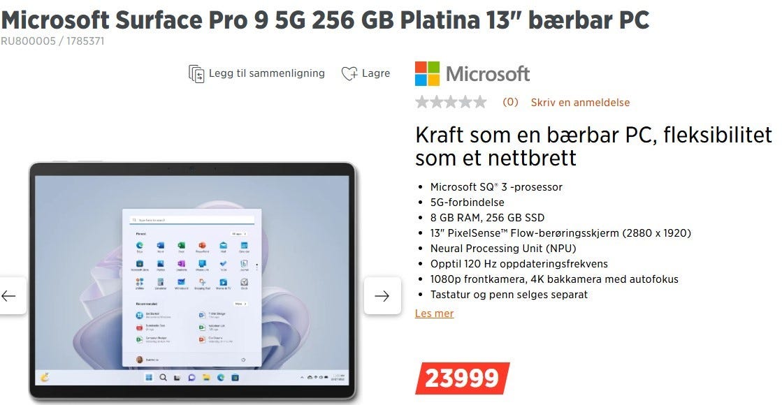 Microsoft Surface Pro 9 5G 256 GB Platina 13" bærbar PC | FINN-torget