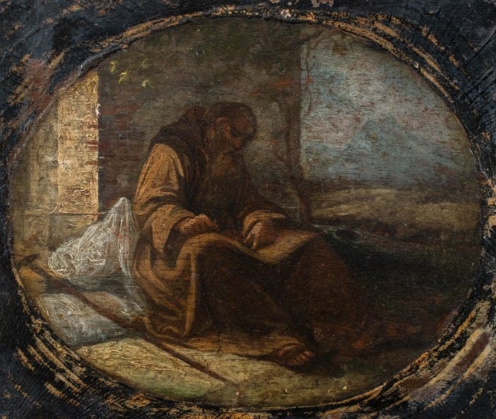 Italian school (XVII-XVIII) - Franciscan pilgrim friar sitting and ...